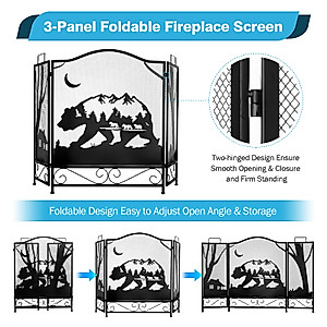 IRONWALLS 3-Panel Folding Fireplace Screens Decorative, 47.6” x 31.4” Metal Bear Fireplace Screens Fire Screen Gate Fence Spark Guard Kid Proof, Heavy Duty Fireplace Screen Black for Home Farmhouse