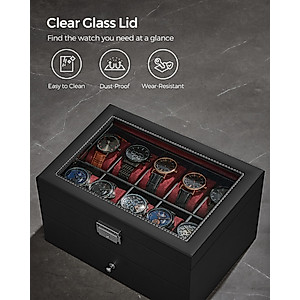 SONGMICS 20-Slot Watch Box, Watch Case with Glass Lid, 2 Layers, Lockable Watch Display Case, Black Synthetic Leather, Wine Red Lining UJWB020R01