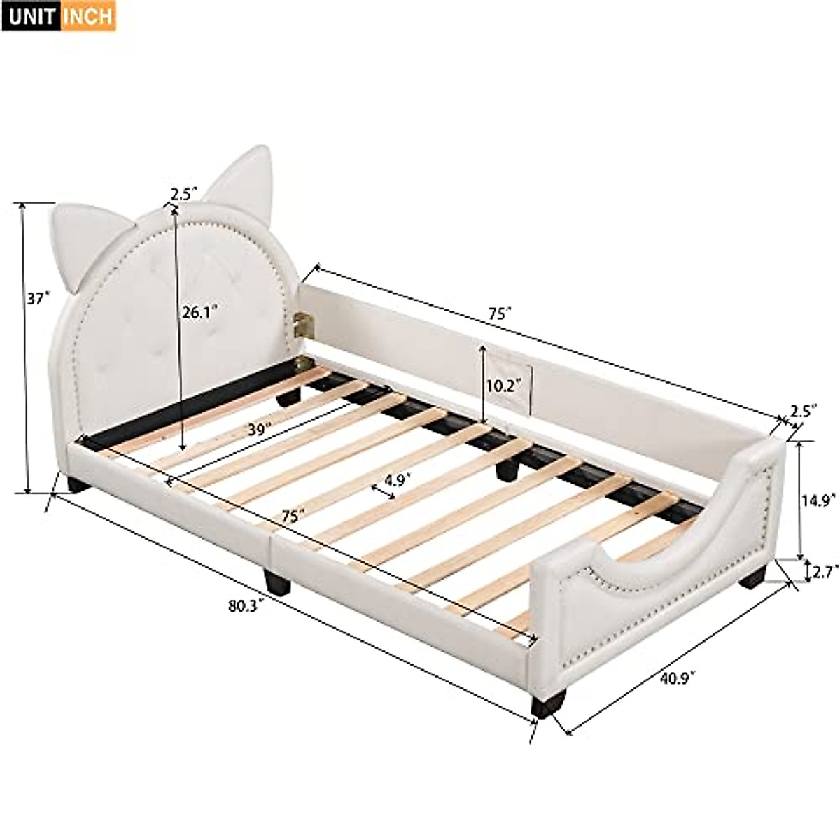 MWrouqfur Wooden Twin Size Upholstered Bed Frame with Carton Ears Shaped Headboard, Twin PU Leather Platform Bed for Girls Boys, Low Profile Single Bed - No Box Spring Needed