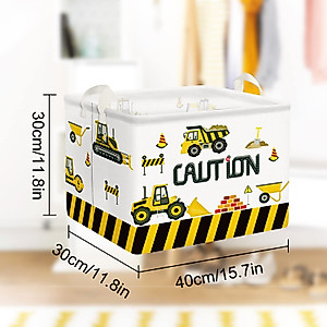 Clastyle Cartoon Construction Cars Shelf Basket for Kids Room Cranes Excavator Bulldozer White Rectangle Clothes Toys Cube Storage Basket, 36L