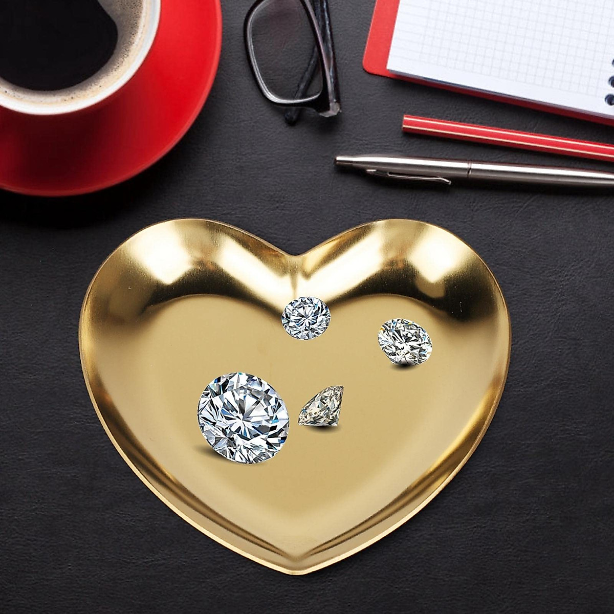 Stainless Steel Jewelry Tray, Heart Shaped Trinket Dish for Rings Earrings Necklaces Bracelet Watch Keys, Plate Tea Tray Fruit Tray Cosmetics Jewelry Organizer Box(Gold)