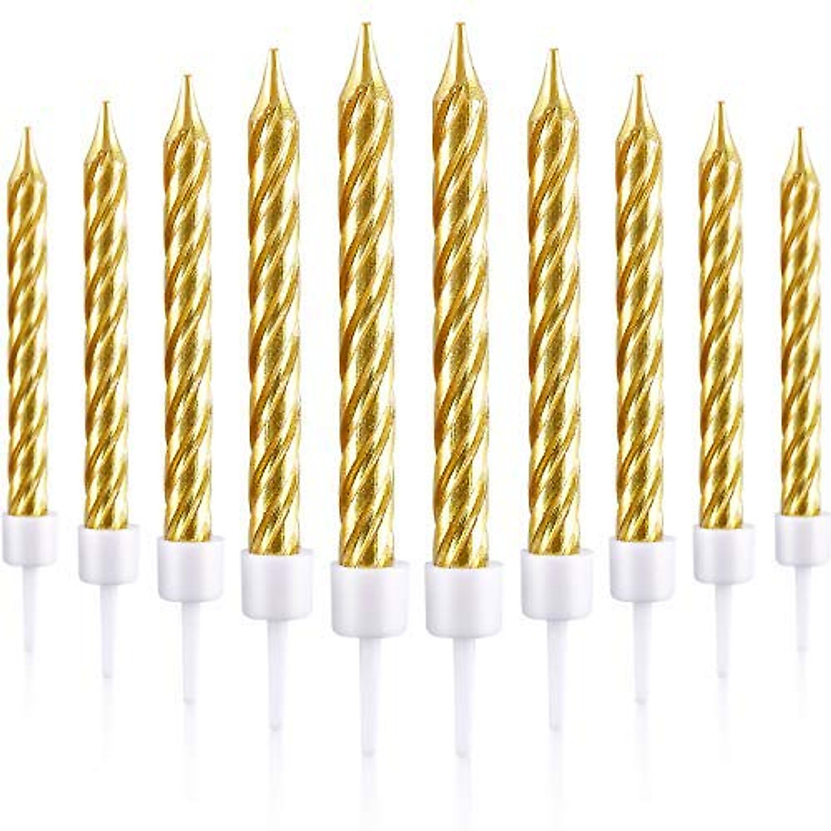 Blulu 50 Pieces Spiral Cake Candles in Holders Metallic Cake Cupcake Candles Short Thin Cake Candles for Birthday Wedding Party Cake Decorations (Gold)