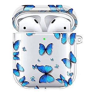 MOLOVA Case for Airpods 1&2 Case, Airpods Hard Protective Cover Shock Proof Compatiable with Wireless Charging Case Keychain for Kids Teens Boys Girls (Many Blue Butterfly)
