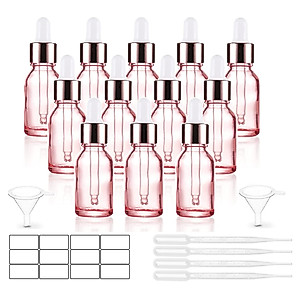 12 Pack,0.5 Oz/15ml Pink Glass Dropper Bottle for Essential Oils,Empty Eye Dropper Holder With Glass Reagent Pipette,Rose-Golden Caps Perfume Travel Vial Container-Pipette,Stickers,Funnel Included