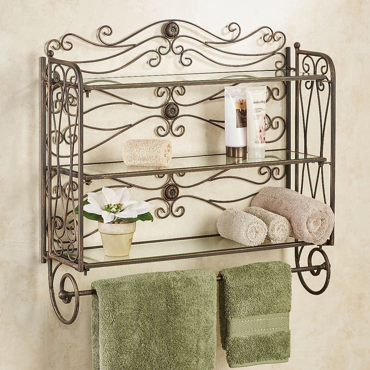 Touch of Class Kadalynn Wall Bathroom Shelf with Towel Bar - Antique Bronze - Handcrafted Metal - Decorative Storage - Mounted Rack Organizer - 3 Shelves - 24 Inches High