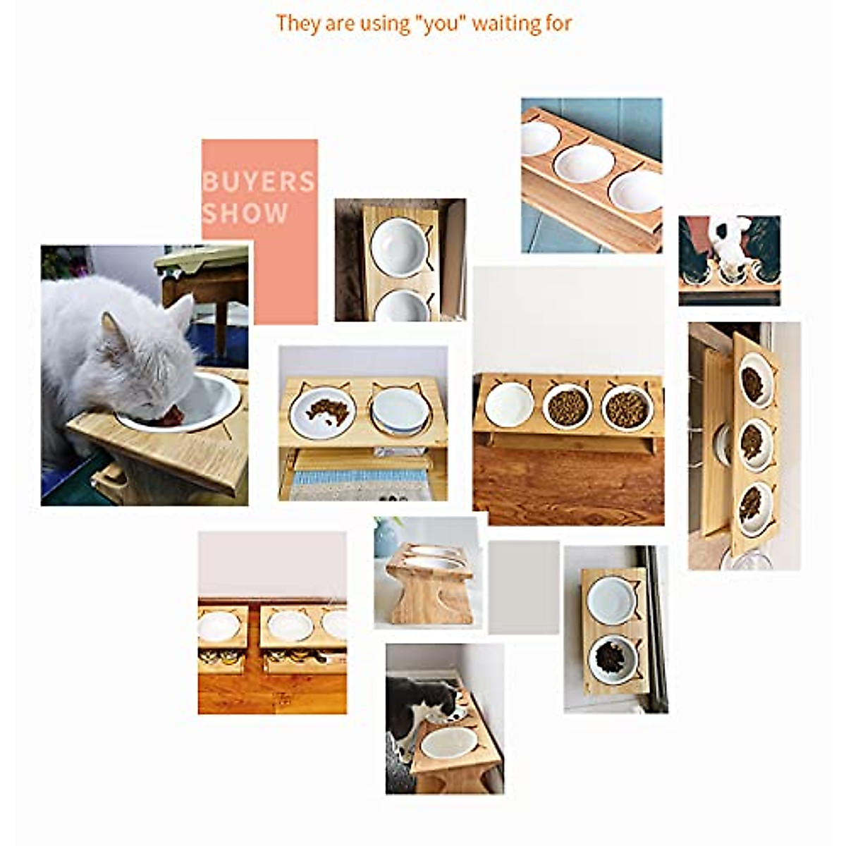 Smith Chu Premium Elevated Pet Bowls, Raised Dog Cat Feeder Solid Bamboo Stand with Ceramic Food Feeding Bowl - Cute Kitty Bowl for Cats and Puppy