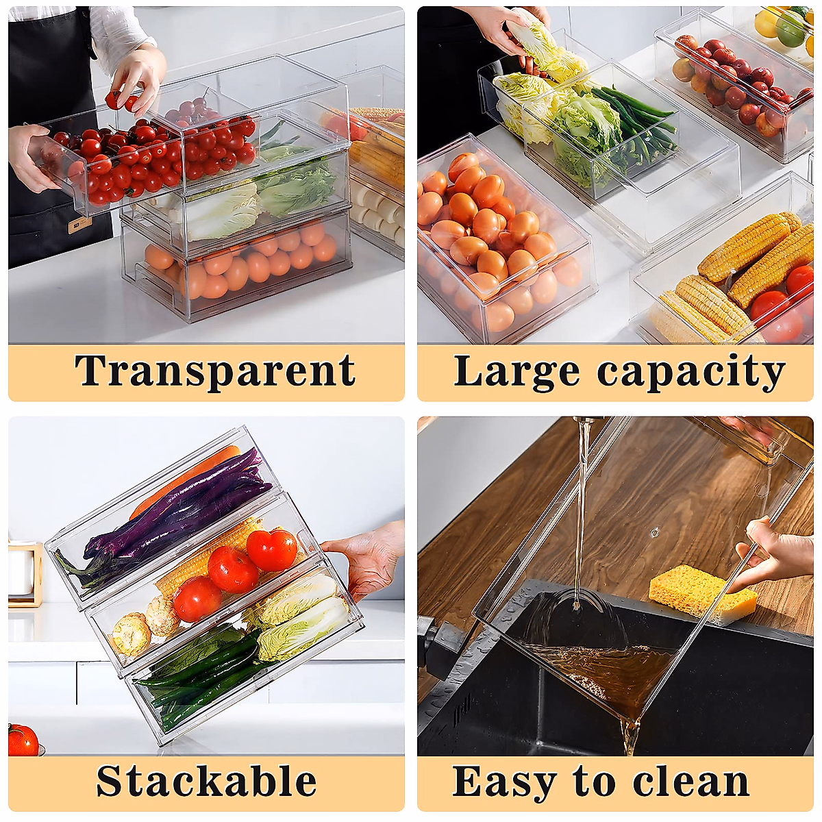 Eanpet 4Pack Fridge Drawer Organizers and Storage Clear Pull Out Drawers for Vegetable Fruit Container for Refrigerator organizer Bins with Handle Stackable Produce Saver Pantry Organization