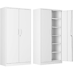 AFAIF Metal Storage Cabinet with Lock,71" White Garage Cabinet with 2 Doors and 5 Adjustable Shelves, Steel Locking Cabinets Tall Tool Storage Cabinet, Lockable File Cabinet for Home Office, Pantry