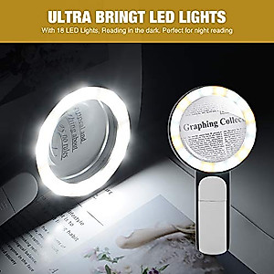 JMH Magnifying Glass with Light, 30X Handheld Large Magnifying Glass 18LED Cold and Warm Light with 3 Modes, Illuminated Lighted Magnifier for Seniors Reading, Inspection, Coins, Jewelry, Exploring