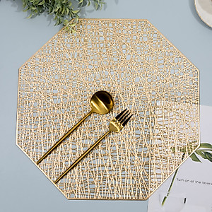 U'Artlines Octagonal Placemats Hollow Out Mats Vinyl Non-Slip Heat Insulation Kitchen Table Mats(Octagonal Gold, 6pcs)
