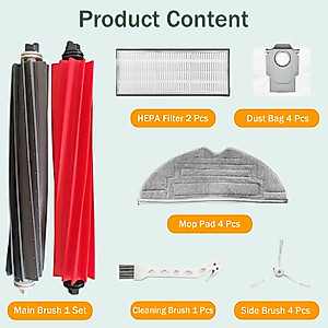Replacement Accessories Kit Compatible with Roborock S8 Pro Ultra Robot Vacuum Cleaner, 2 Main Brush, 4 Side Brushes, 2 Filters, 4 Mop Pads, 4 Dust Bags, 1 Cleaning Brush