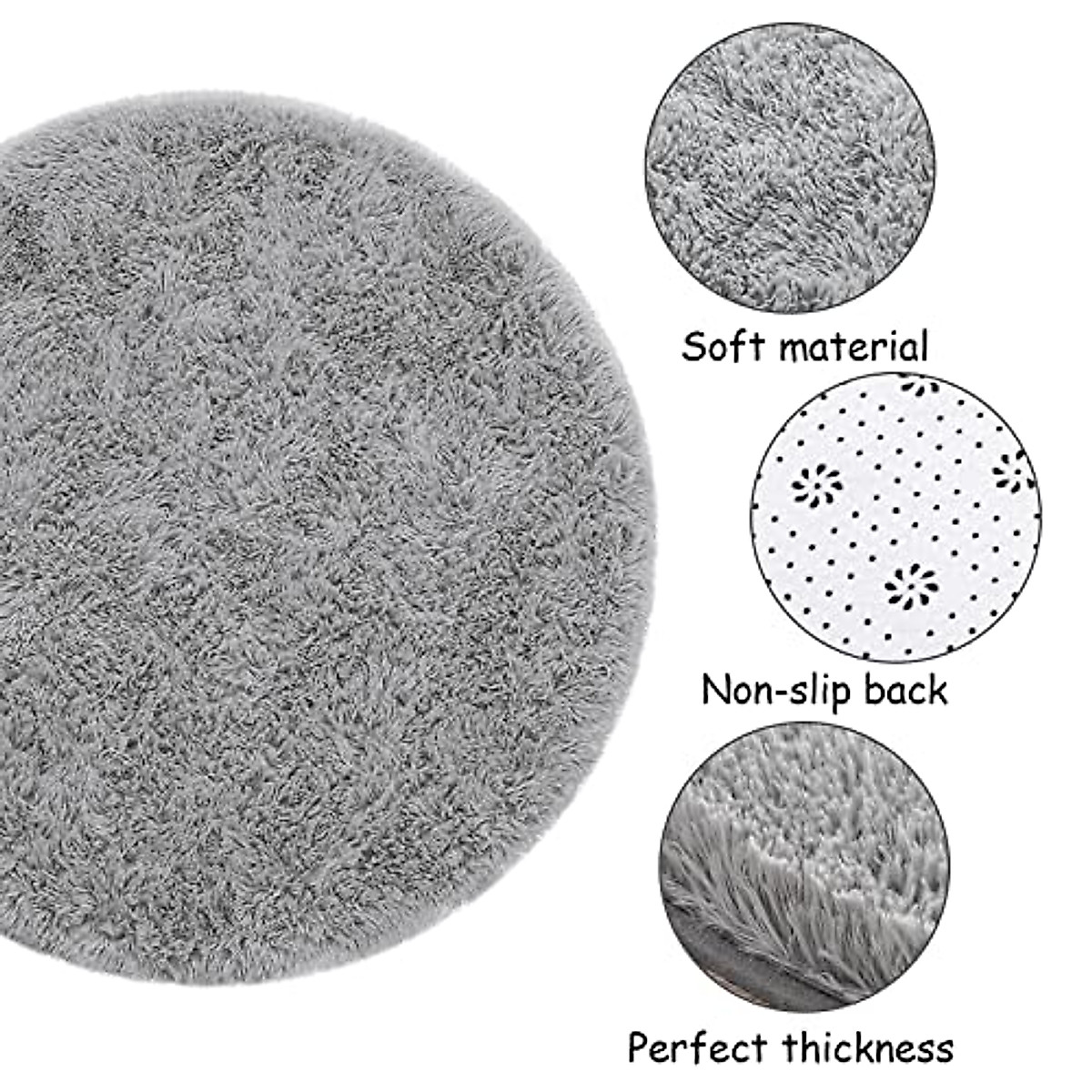 Goideal Soft Round Shaggy Rug, 4 x 4 Feet Grey Fluffy Circle Rug for Boys Girls, Fuzzy Cute Bedroom Rug, Circle Plush Floor Carpet for Nursery Room Decor