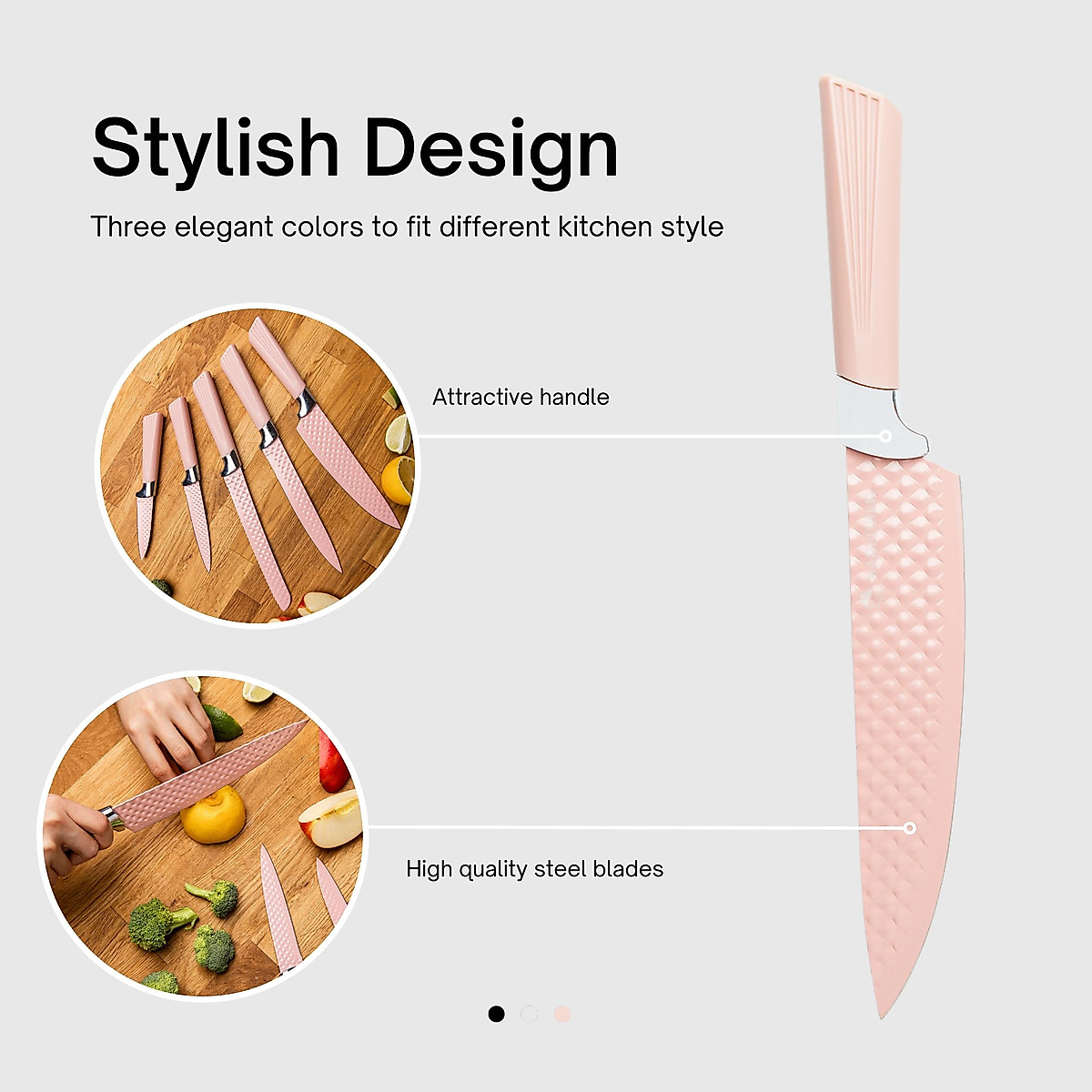 Bakedger 7 pieces knives set, ultra sharp, attractive design, chef knife, slicing knife, bread knife,utility knife paring and shears, scissors, peeler, stylish design, Pink