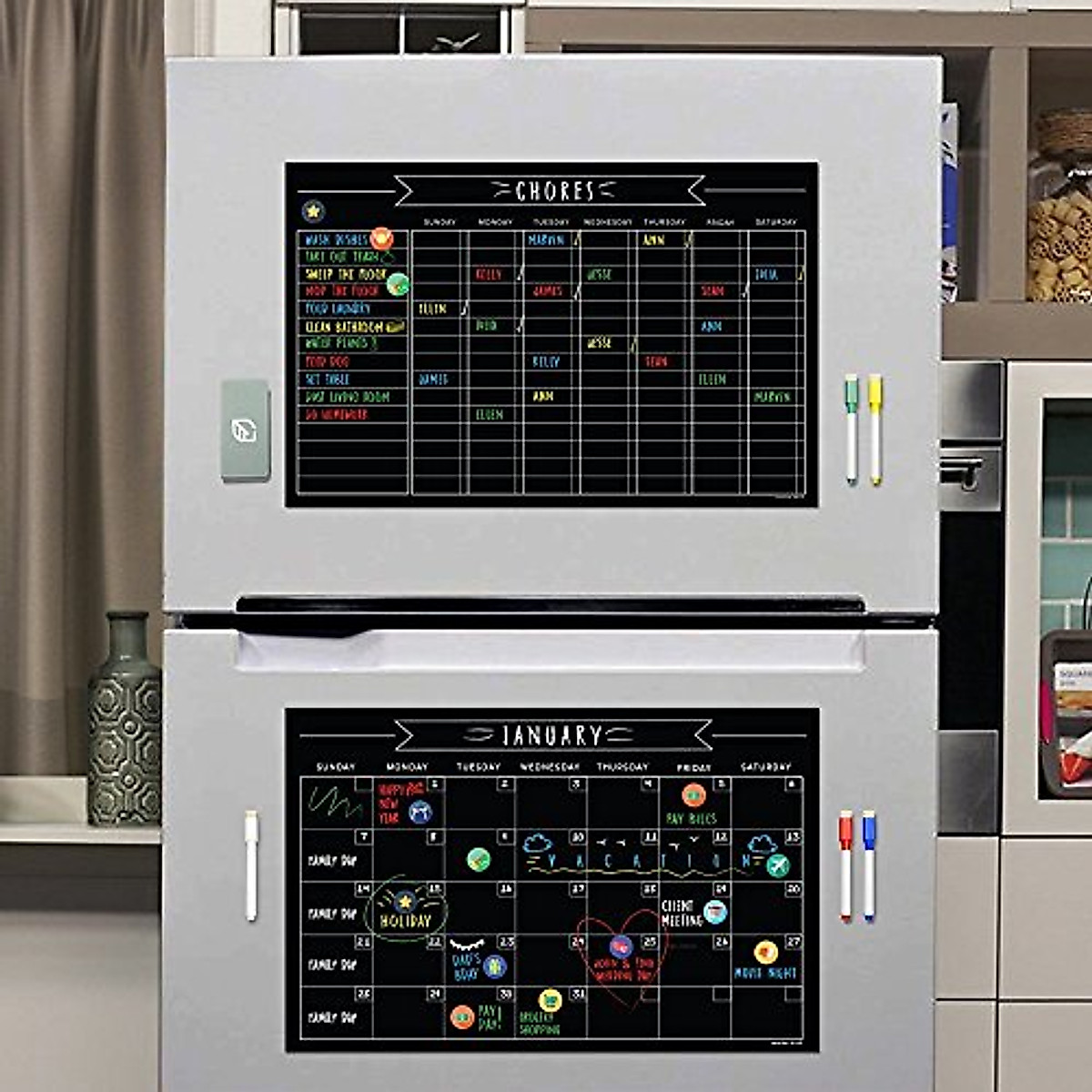 Magnetic Chore Chart Chalkboard & Reusable Dry Erase Calendar Set – Organizational Reward Planner - Family Planning Board - Kids Responsibility Reward Cleaning Chart – 11” x 17” (Lushleaf Designs)