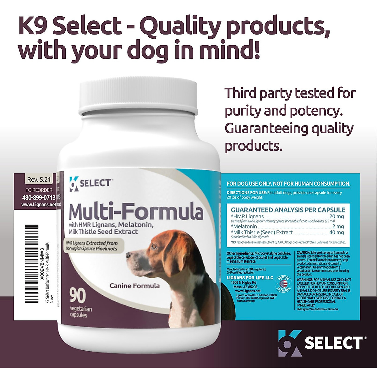 K9 Select Multi-Formula Dog Vitamins for Medium Dogs - 20mg HMR Lignans, 2mg Melatonin, 40mg Milk Thistle - Helps Heart, Liver, Digestion, Skin & Coat Health, Dog Multivitamin, 90 Capsules
