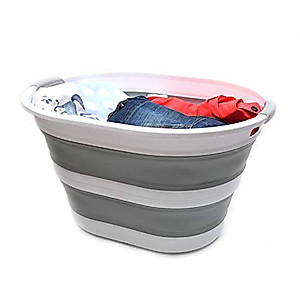 SAMMART 34L(8.98 Gallon) Set of 2 Collapsible Plastic Laundry Basket-Oval Tub/Basket-Foldable Storage Container/Organizer-Portable Washing Tub-Space Saving,Water Capacity 29L(7.66 Gallon) (2, Grey)