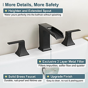 HEYMYTAP Brass High Flow Roman Bathtub Faucet Black Tub Faucet, Waterfall Bath Tub Faucet Set 3 Hole, Widespread Bathtub Faucets Deck Mount Bath Tub Faucets with 2 Knob, Pre-Installed Water Hose