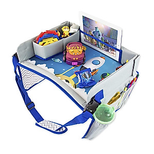 Thr33E Car Seat Kids Travel Tray - Travel Lap Desk Active Accessory for Child’s - Kids Tablet iPad Holder Stand Art Storage Pockets (Blue)