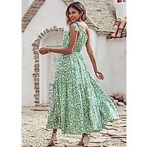 PRETTYGARDEN Women's Floral Maxi Dress 2023 Knot One Shoulder Sleeveless Ruffle Hem Flowy Boho Dresses(Green White,Large)