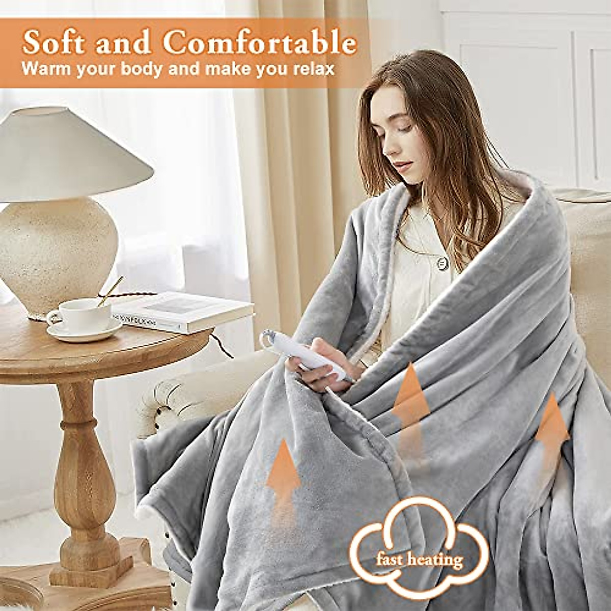 Shilucheng Heated Twin Blanket, Electric Blanket 62" x 84", Warm Fleece & Sherpa Blanket Reversible, Fast Heating with 4 Temperature Levels & 6hrs Auto Off, Machine Washable (Grey)