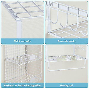 ThreeHio 3 Pack Laundry Room Shelves Wall Mounted with Wire Storage Baskets, Over Washer and Dryer shelves with Hanging Rods and Hooks, Wire Wall Shelves Baskets for Laundry Organization and Storage