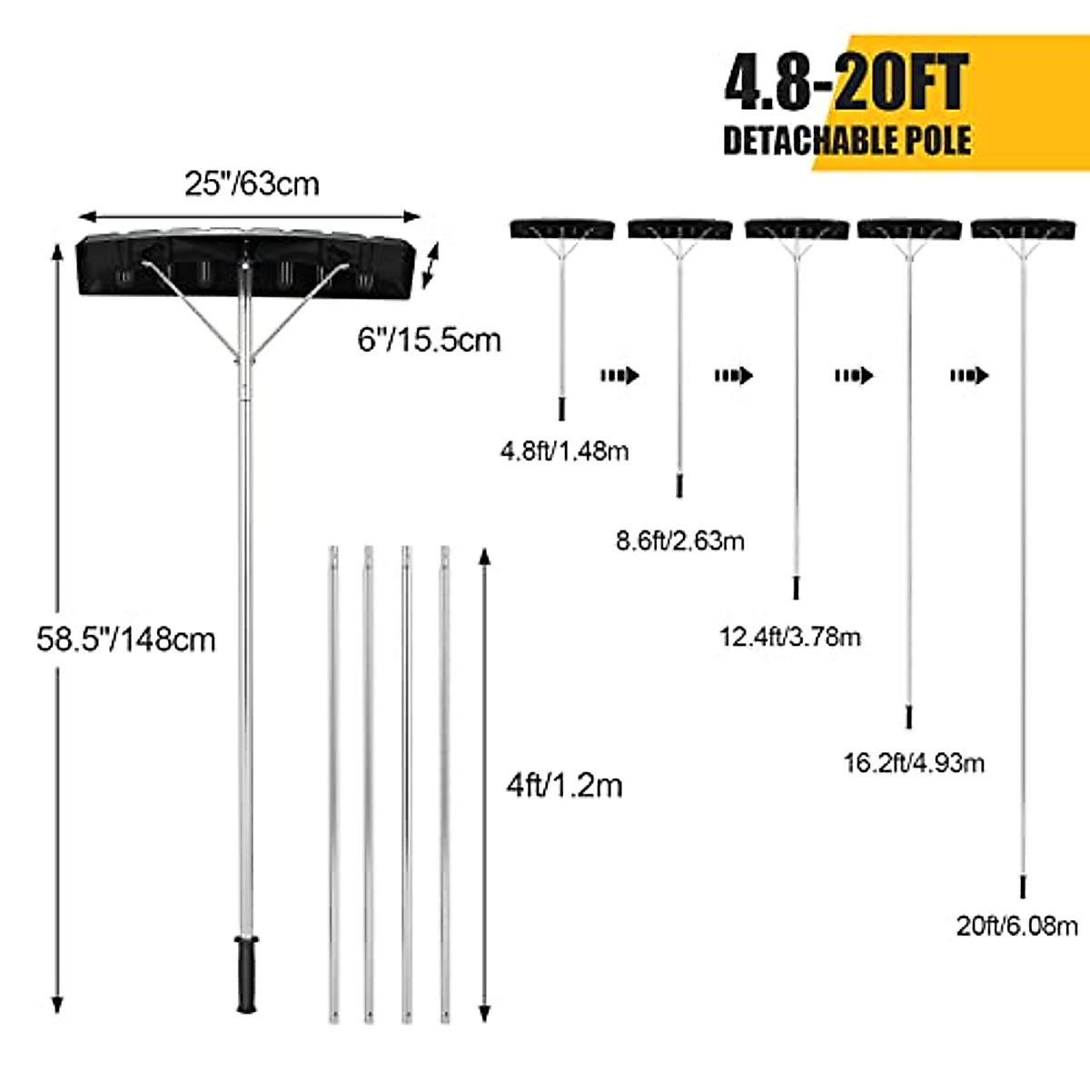 GYMAX Snow Roof Rake, 4.8-20FT Extendable Aluminum Snow Removal Tool with Anti-Slip Handle & 25” Wide Blade, Snow Rake for House Roof Leaves, Dribs