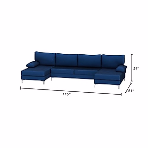 Divano Roma Furniture Modern Large Velvet Fabric U-Shape Sectional Sofa, Double Extra Wide Chaise Lounge Couch, Navy
