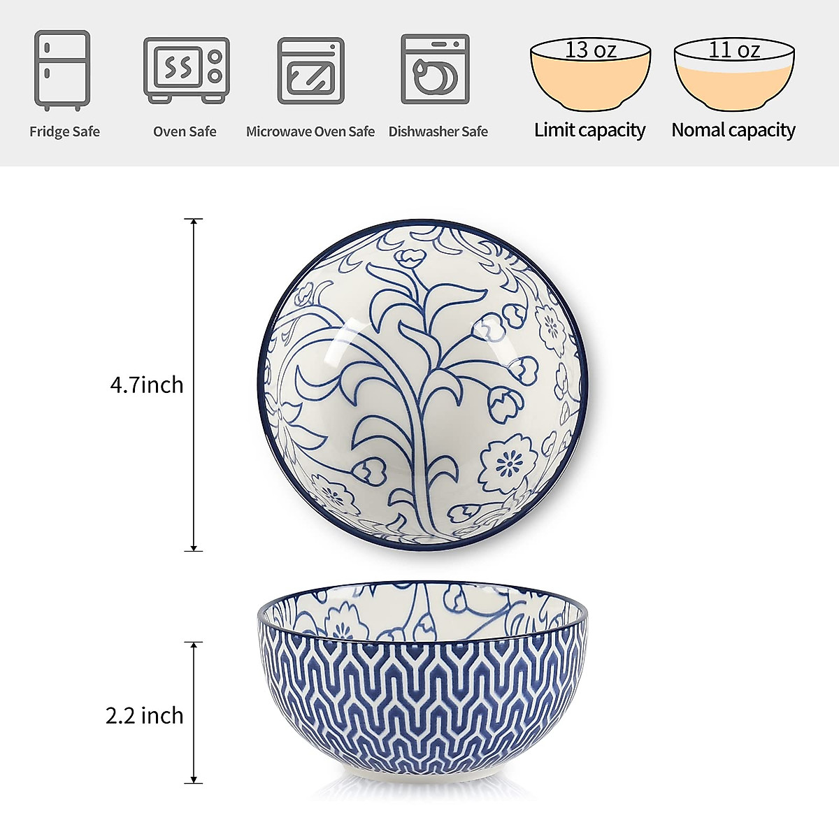 Selamica Ceramic 12 OZ Dessert Bowls Set, Cereal Bowls for Kitchen, 4.7 Inch Small Bowls for Ice Cream, Snack Side, Dishes Rice, Microwave Dishwasher Safe, Set of 6, Vintage Blue