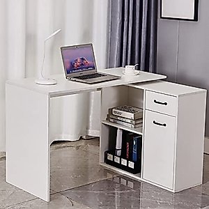 VANSPACE L-Shaped Rotating Computer Desk 68 inch with Storage Shelves Home Office Corner Desk with Drawers and File Cabinet Multipurpose Study Writing Table for Bedroom Small Space White