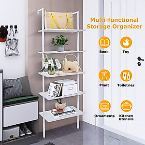 ANTSKU 5 Tier Wall Mounted Ladder Shelf, Ladder Bookshelf with Metal Frame and Wood Shelf, Modern Learning Bookcase for Living Room, Bedroom, Office (23.6" W x 11.8" D x 70.8" H, White)