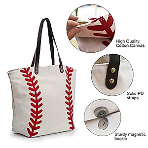 YIQIGO Baseball Bag Handbag for Woman Shopping Bag Travel Bag Canvas Casual Bag with Softball Varsity Gym Shoulder Handbag (Off White)