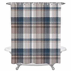 BestLives Shower Curtain Check Plaid Brown and Blue Bath Curtain Buffalo Texture Waffle Fabric Waterproof Bathroom Curtain with Hooks 72 x 84 Inches