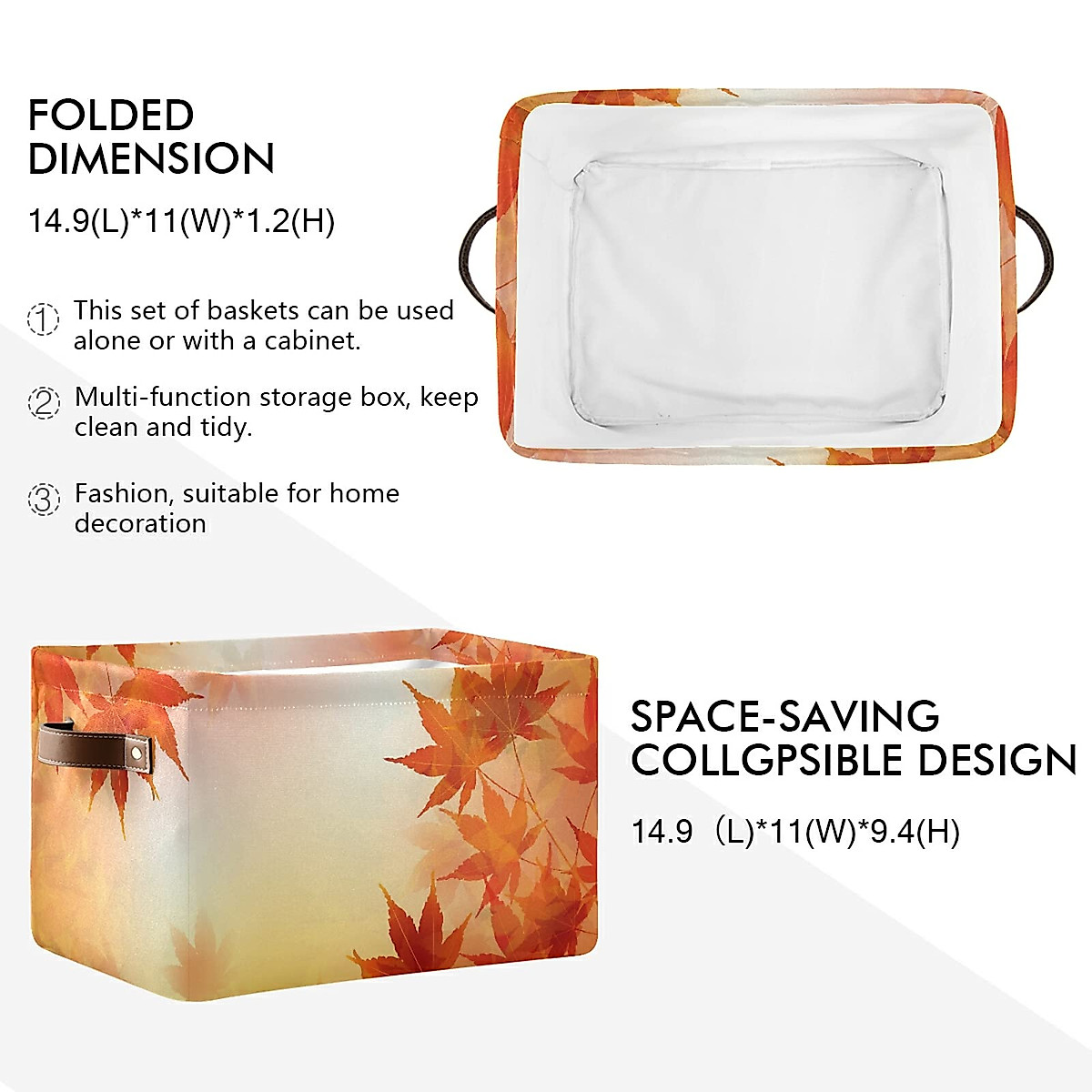 senya Thanksgiving Basket Fall Basket, Large Storage with Handles Thanksgiving Autumn Leaves Golden Maple Fabric Collapsible Storage Bins Organizer Bag for Storage