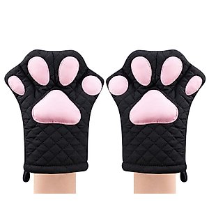Oven Mitts,Cat Design Heat Resistant Cooking Glove Quilted Cotton Lining- Heat Resistant Pot Holder Gloves for Grilling & Baking Gloves BBQ Oven Gloves Kitchen Tools Gift Set BBQ,Microwave (Black)