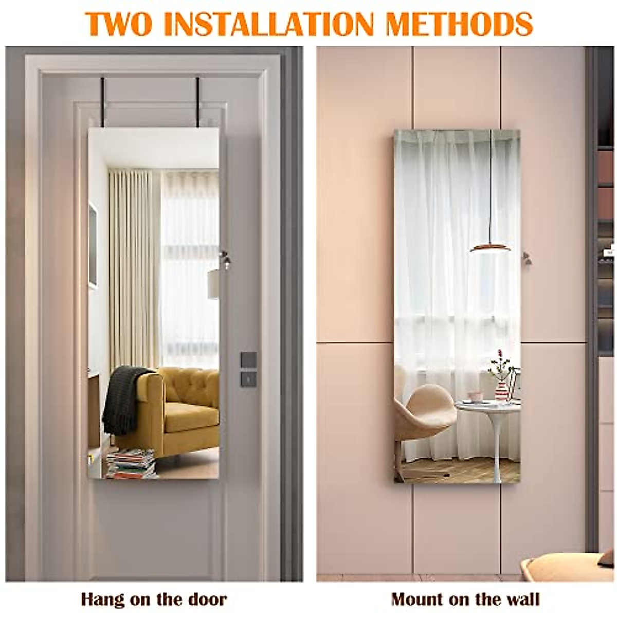 Vlsrka Mirror Jewelry Cabinet with 3 LED Lights, Wall/Door Mounted Jewelry Armoire Organizer with Full Length Mirror Large Capacity Storage Hanging Cabinet, Built-in Lighted & Movable Makeup Mirror