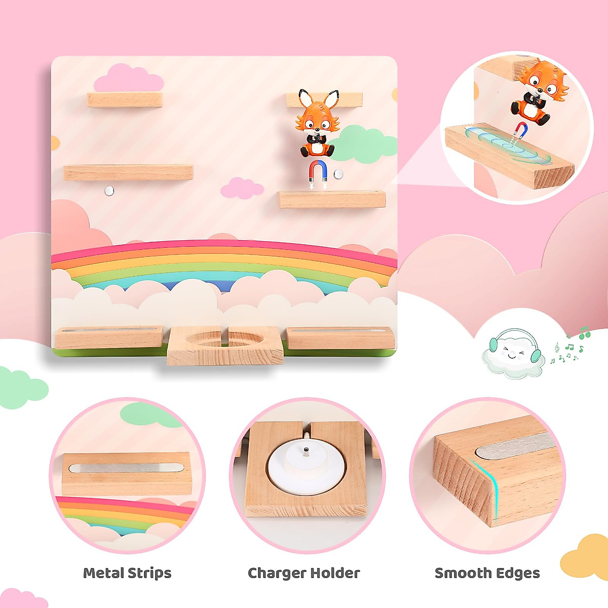 OUKNAK Floating Shelf for Toniebox, Wall Mount Magnetic Wooden Shelf with Carrying Case Compatible with Tonie Audio Player Figures Character for Children Baby's Room (Rainbow)