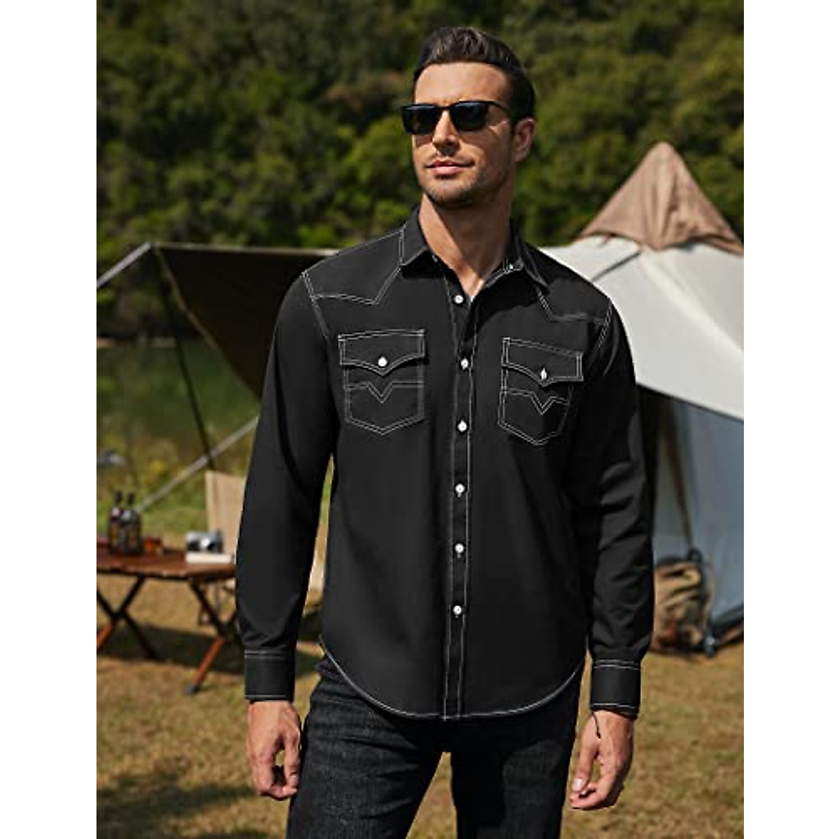COOFANDY Mens Shirt Western Dress Long Sleeve Casual Cotton Button Down Denim Work, 01-Black, Large, Long Sleeve