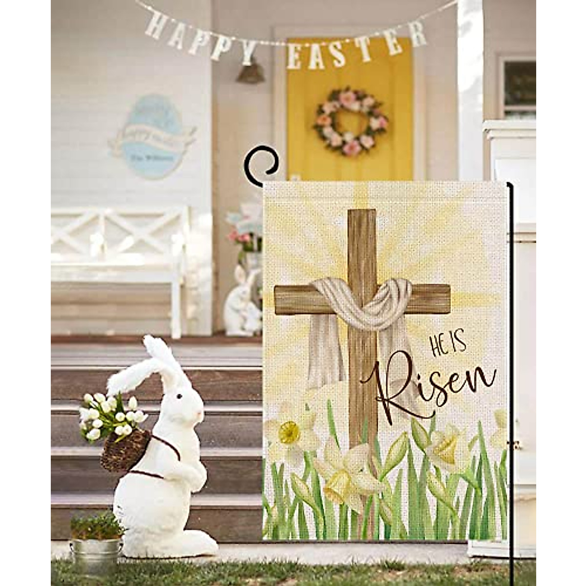 Easter Cross Garden Flag 12x18 Inch Double Sided,Religious Cross He is Risen with Narcissus,Small Spring Yard Flag for Outside Farmhouse Seasonal Holiday Outdoor Decor