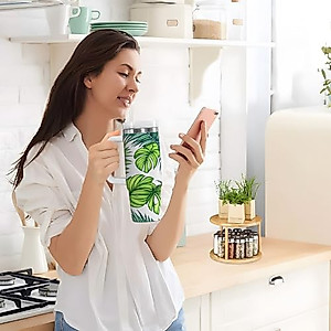 Slewiaeky Tumbler with Handle 40 oz Plant Palm Leaf Cool Travel Mug with Lid and Straw Green Stainless Steel Vacuum Insulated Water Bottle Cup for Iced Tea Coffee Cold Beverages Cup Holder Friendly