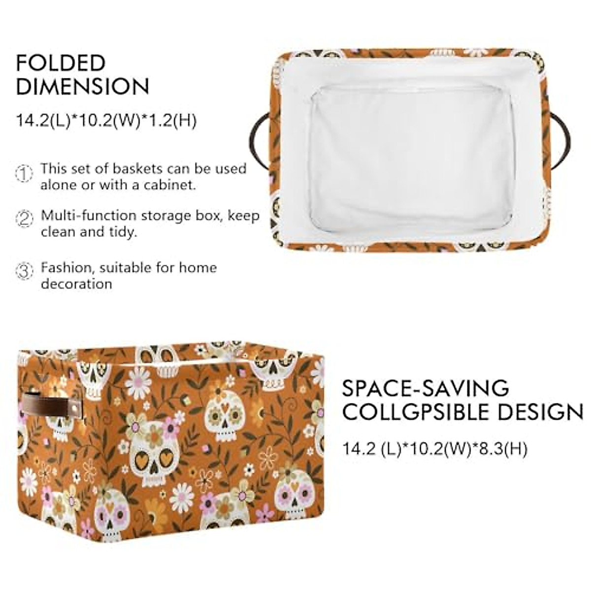 Sugar Skulls Flowers Storage Basket Bins Foldable Laundry Hamper Toy Storage Bins Box Organizer for Living Room Clothes Nursery Closet Shelf Playroom,1 pcs