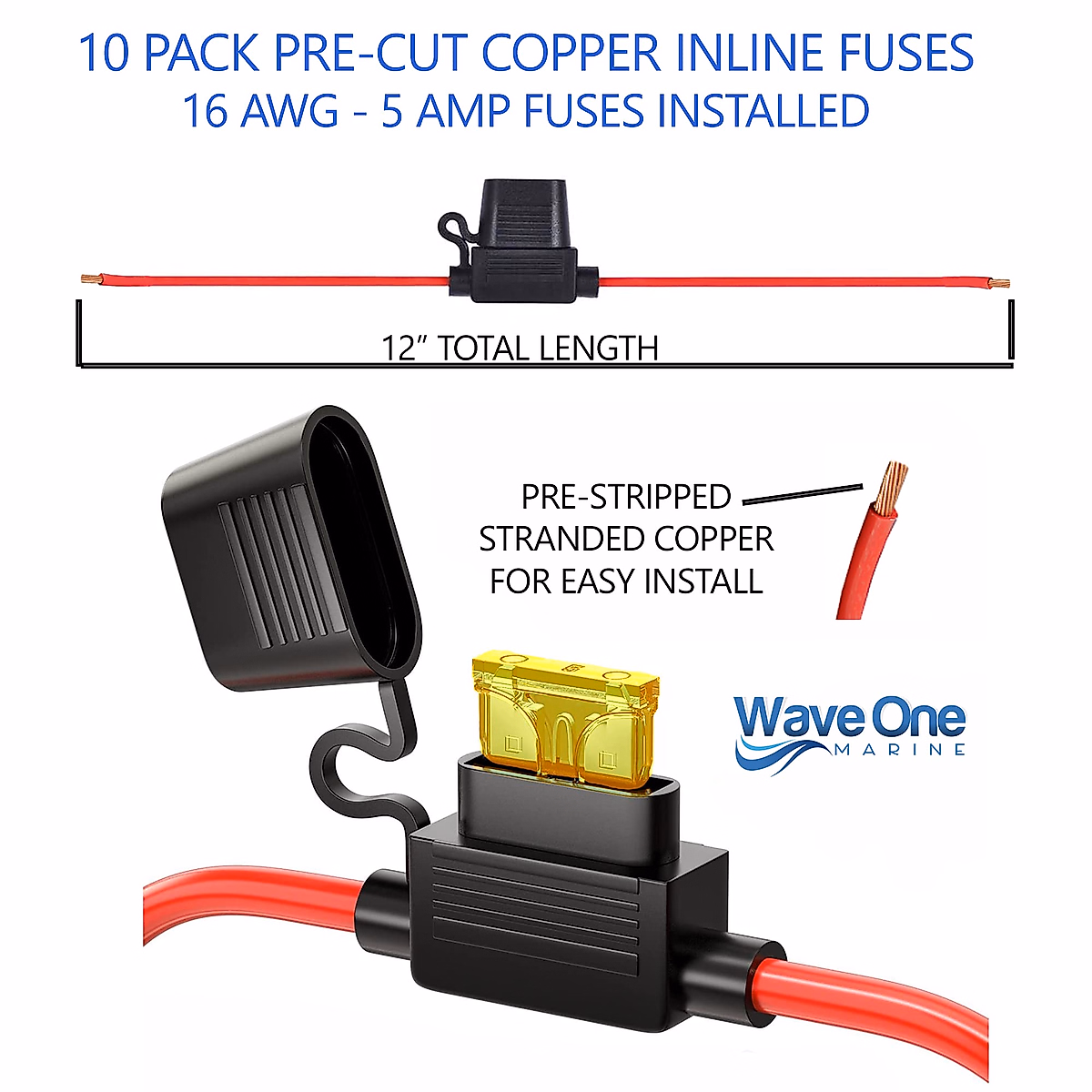 10 Pack 16 AWG Gauge Inline Fuse Holder with 5A Amp ATC ATO Blade Fuse Waterproof Auto RV Boat - Wave One Marine