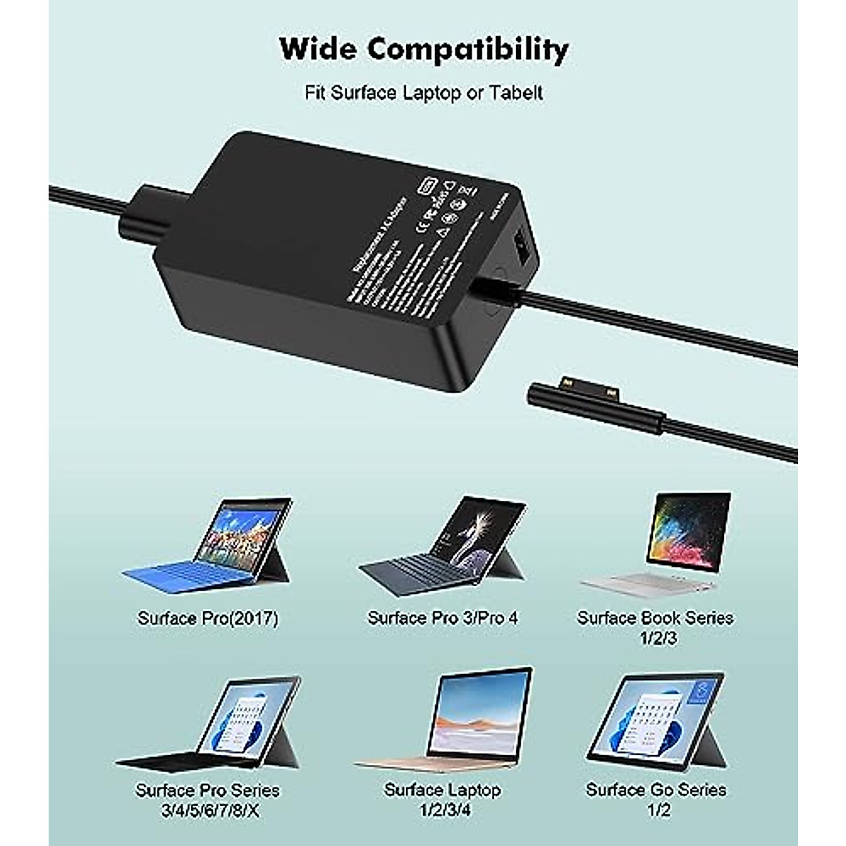 Surface-Pro-Charger-65W - Microsoft Surface Charger, Super Fast Charger for Surface Laptop, Surface Pro 3/4 / 6/7 / 8 / X, and More Laptop Tablet Model Power Supply Adapter Works with 65W 44W 36W