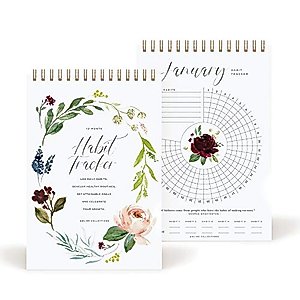 Bliss Collections Habit Tracker Calendar Notepad, Botanical Floral, Gold Spiral Binding, Inspirational and Motivational Monthly Journal to Track Habits and to Help with Goals, 6"x9" Undated 12 Months