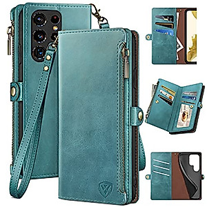 XcaseBar for Samsung Galaxy S22 Ultra Wallet case with Zipper 【RFID Blocking】 Credit Card Holder, Flip Folio Book PU Leather Phone case Shockproof Cover Women Men for Samsung S22Ultra case Blue Green
