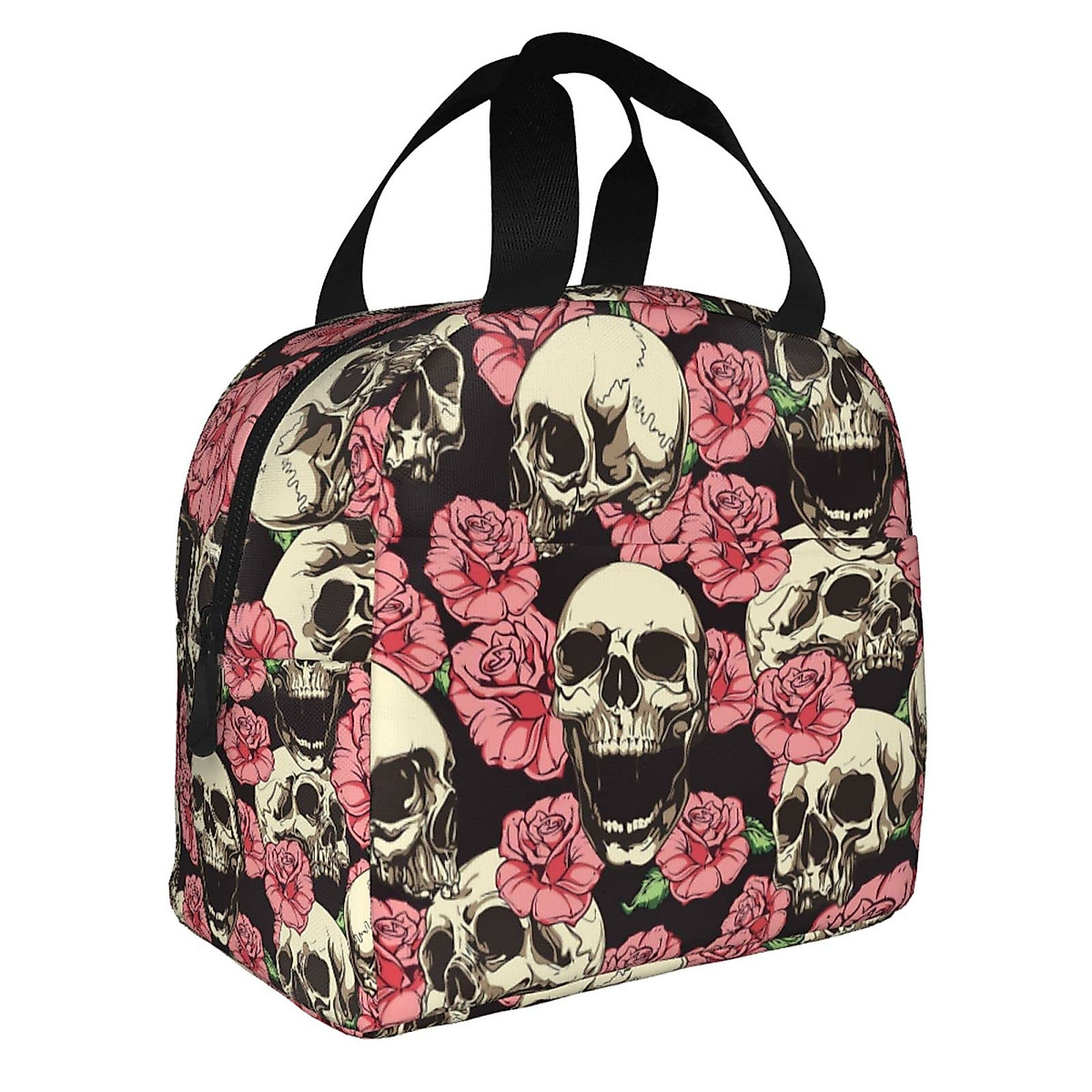 Skull Lunch Bag Box Tote Pink Rose Flowers Organizer Lunch Container Black Insulated Zipper Meal Prep Cooler Handbag For Women Men Home School Office Outdoor Gift