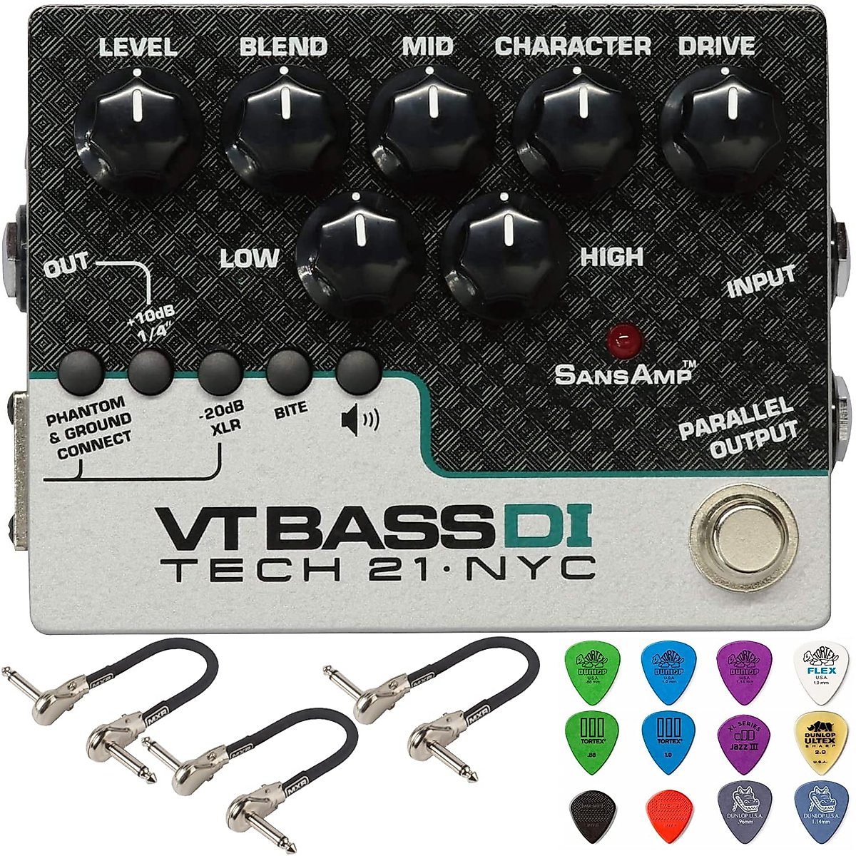 Tech 21 SansAmp Character Series VT Bass DI Bundle with 3 MXR Patch Cables and Dunlop Pick Pack