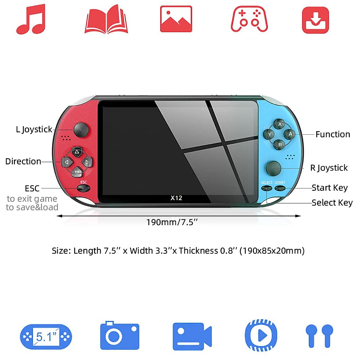 Handheld Game Console 5.1 inch Pro Retro Games Consoles Built-in Classic Games Rechargeable Battery Portable Style Game Consoles X12
