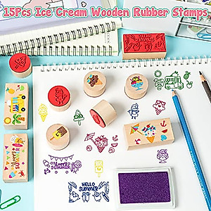15Pcs Summer Ice-Cream Wooden Rubber Stamps for Crafting, Wood Rubber Stamp for Scrapbooking DIY Craft Card Stamps Pads Decorative Rubber Stamps Ink Pads for Kids Stamps Birthday Gift Card Making Kit