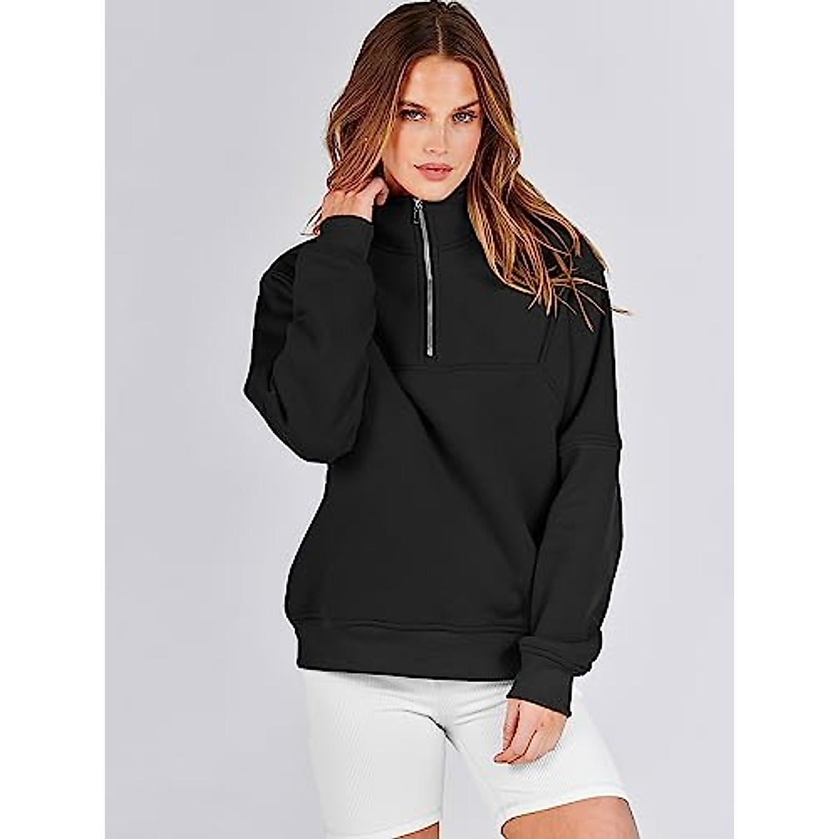 Caracilia Women Oversized Sweatshirt Quarter Zipper Fleece Pullover Hoodies Half Zip Y2K Clothes Collar Sweater Long Sleeve Trendy Fall Top Cute Gym Clothes for Women C113A7-heise-M Black
