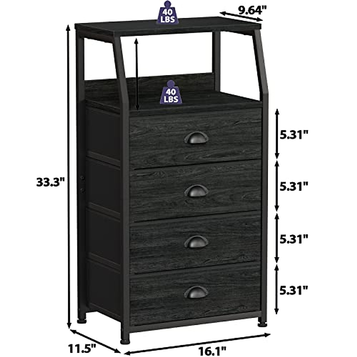 Furnulem Tall 4 Drawers Dresser, Vertical Storage Tower Black Dresser for Bedroom, Hallway, Entryway, Nursery, Closet Organizer, Nightstand Bedside Table Furniture, Sturdy Steel Frame, Wood Top
